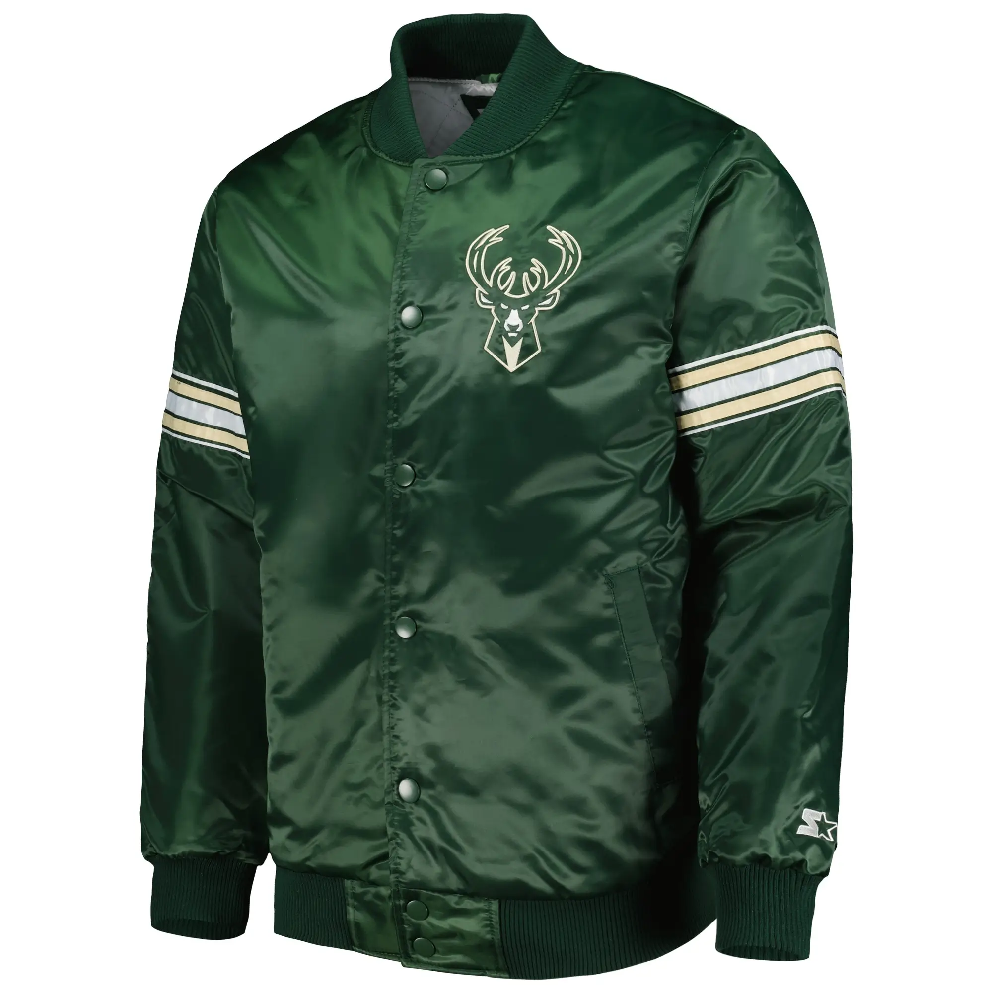 Milwaukee Bucks Starter Hunter Pick & Roll Green Satin Varsity Jacket ...
